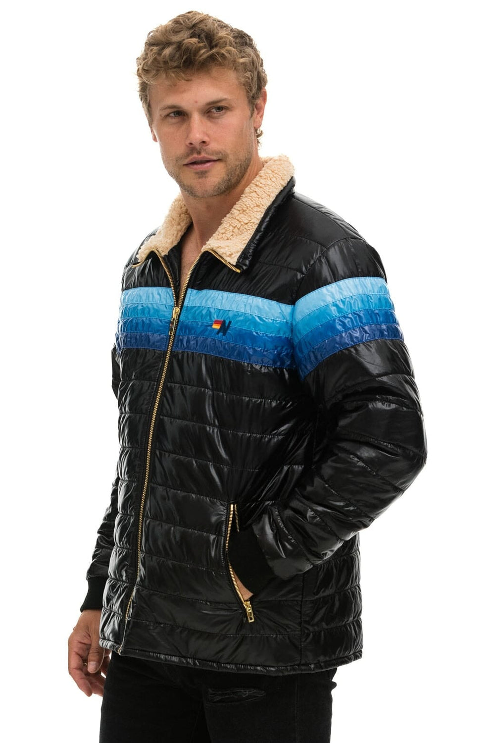 4 STRIPE RAINBOW SLEEVE JACKET - GLOSSY BLACK // BLUE - Aviator Nation
