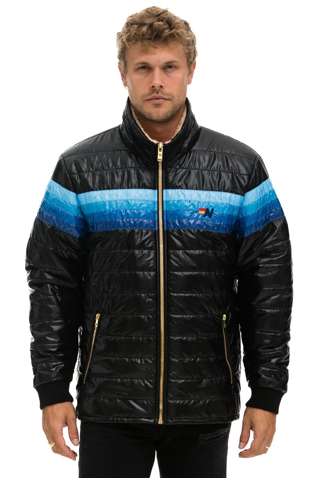 4 STRIPE RAINBOW SLEEVE JACKET - GLOSSY BLACK // BLUE - Aviator Nation
