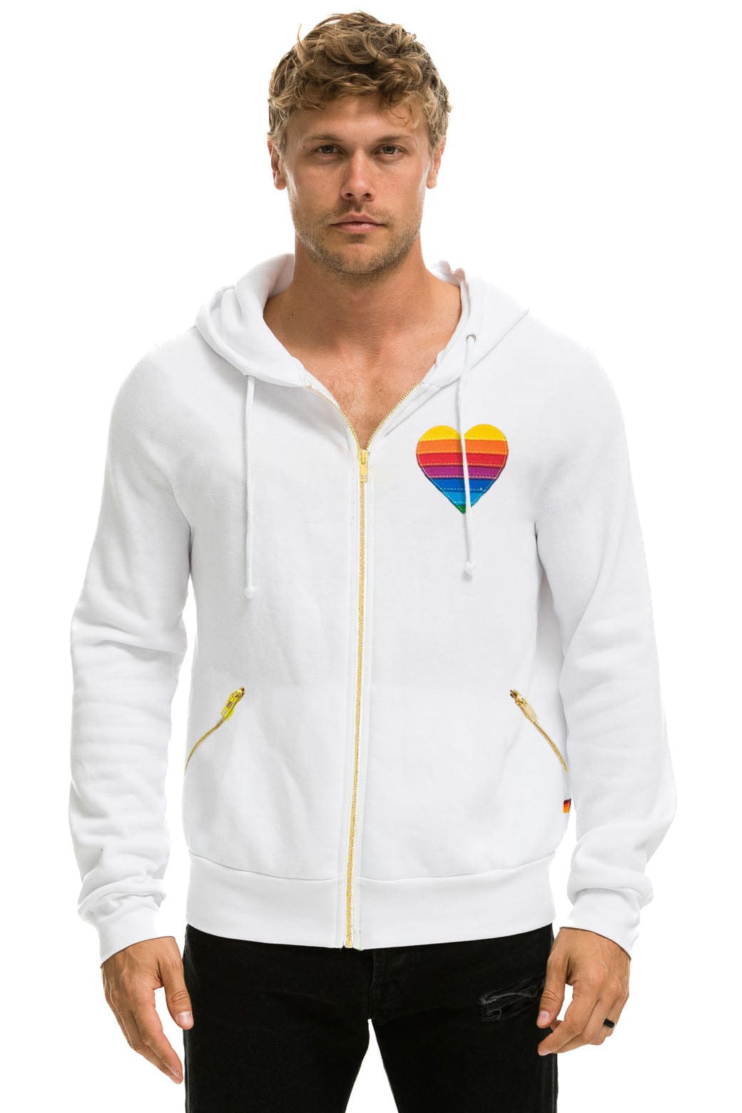 RAINBOW HEART STITCH ZIP HOODIE W/ POCKETS - WHITE – Aviator Nation