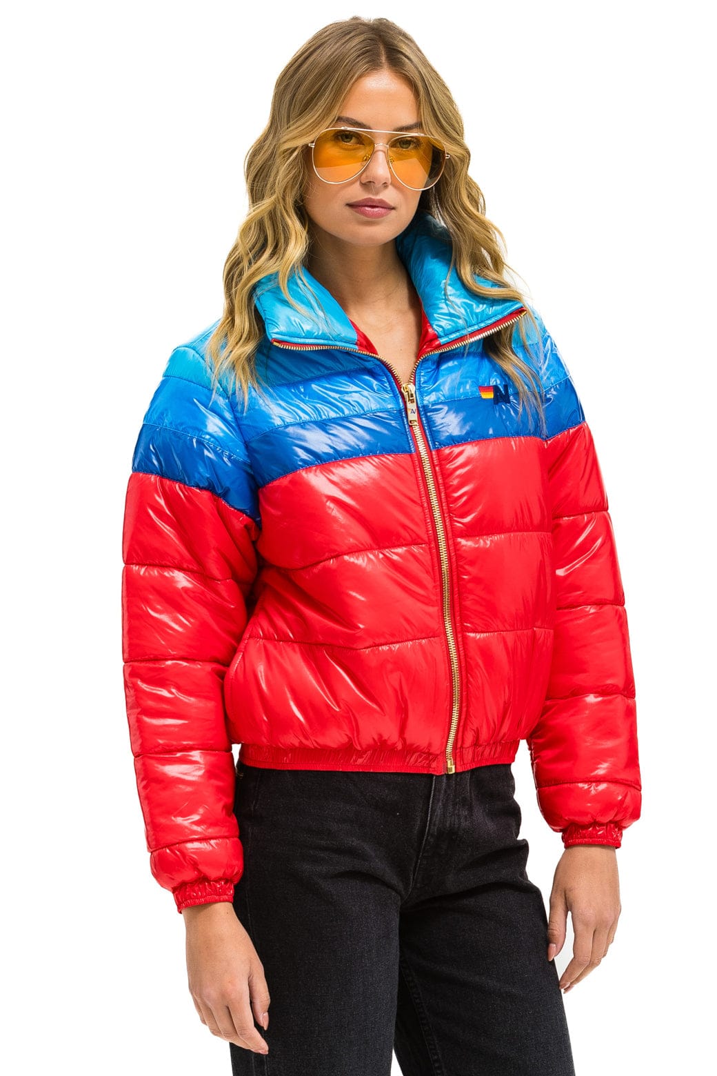 COLOR BLOCK LUXE APRES PUFFER JACKET - GLOSSY CHERRY - Aviator Nation