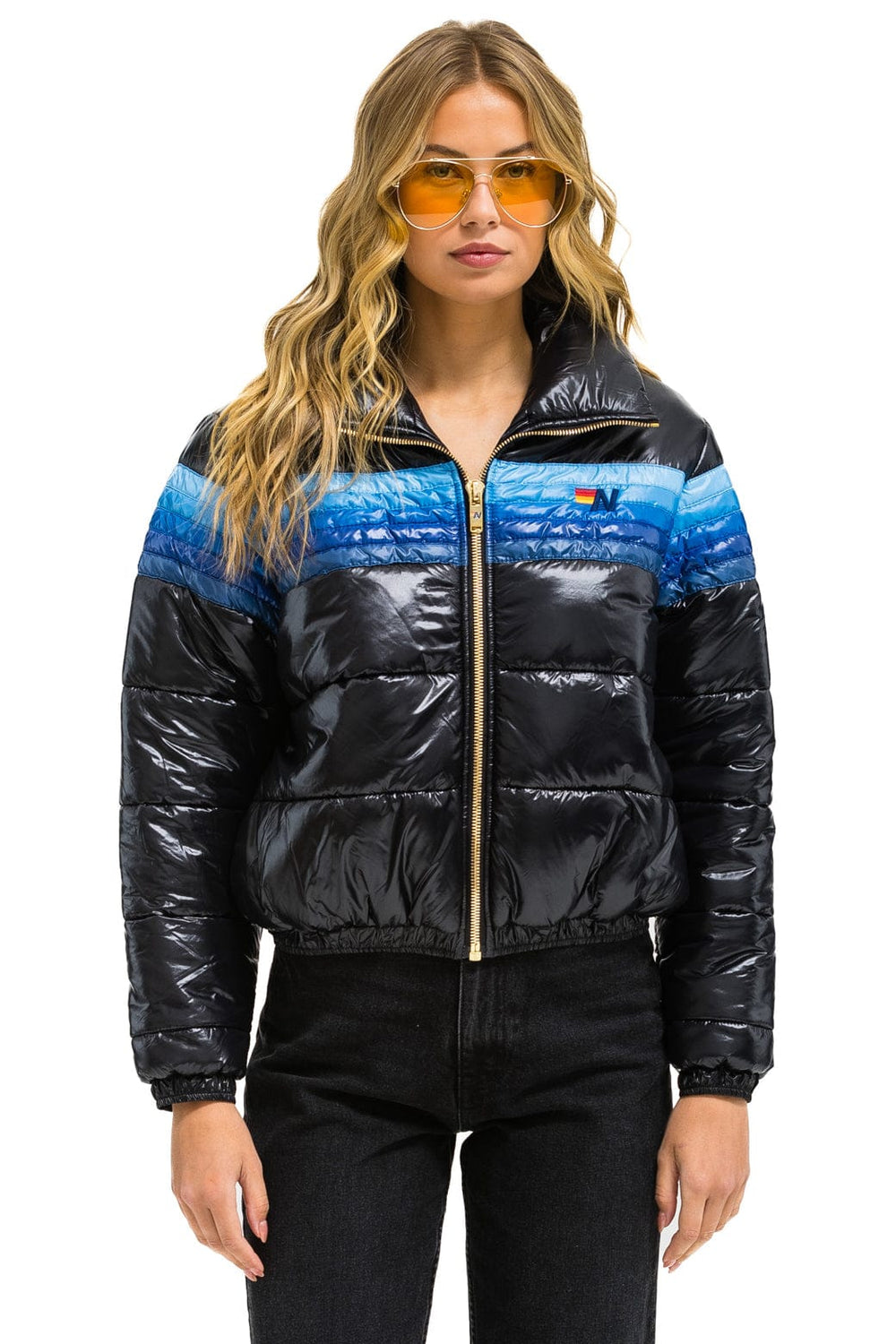 5 STRIPE LUXE APRES PUFFER JACKET - GLOSSY BLACK // BLUE STRIPES ...