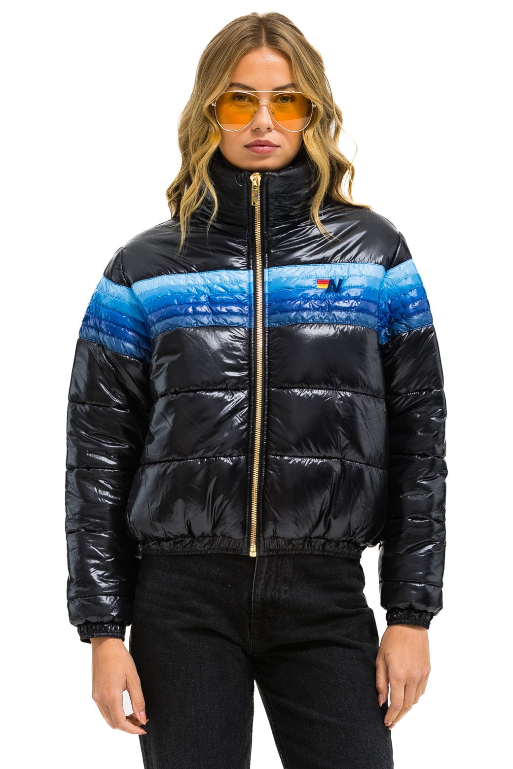 5 STRIPE LUXE APRES PUFFER JACKET - GLOSSY BLACK // BLUE STRIPES ...