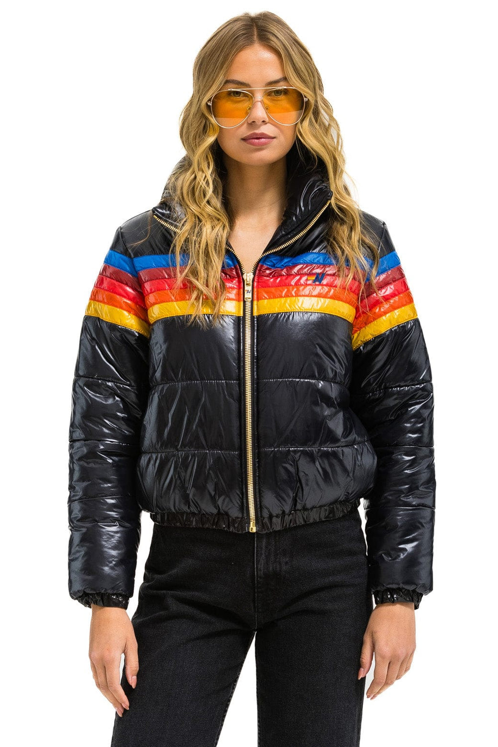 5 STRIPE LUXE APRES PUFFER JACKET - GLOSSY BLACK - Aviator Nation