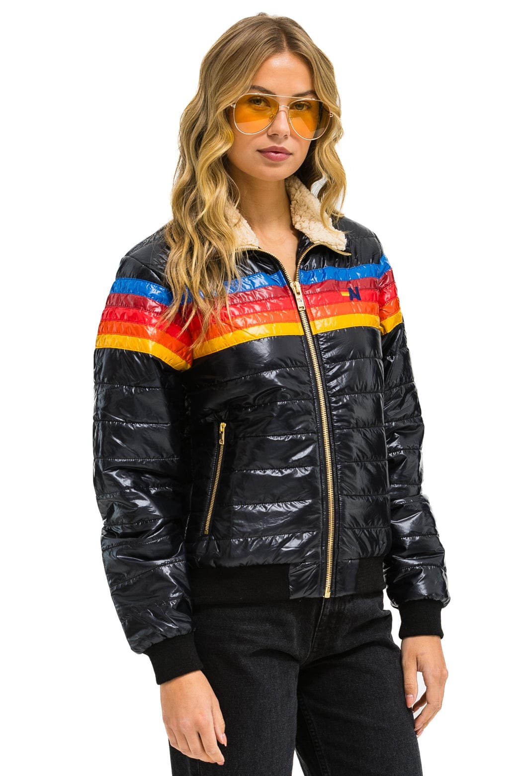 5 STRIPE RAINBOW SLEEVE JACKET - GLOSSY BLACK - Aviator Nation