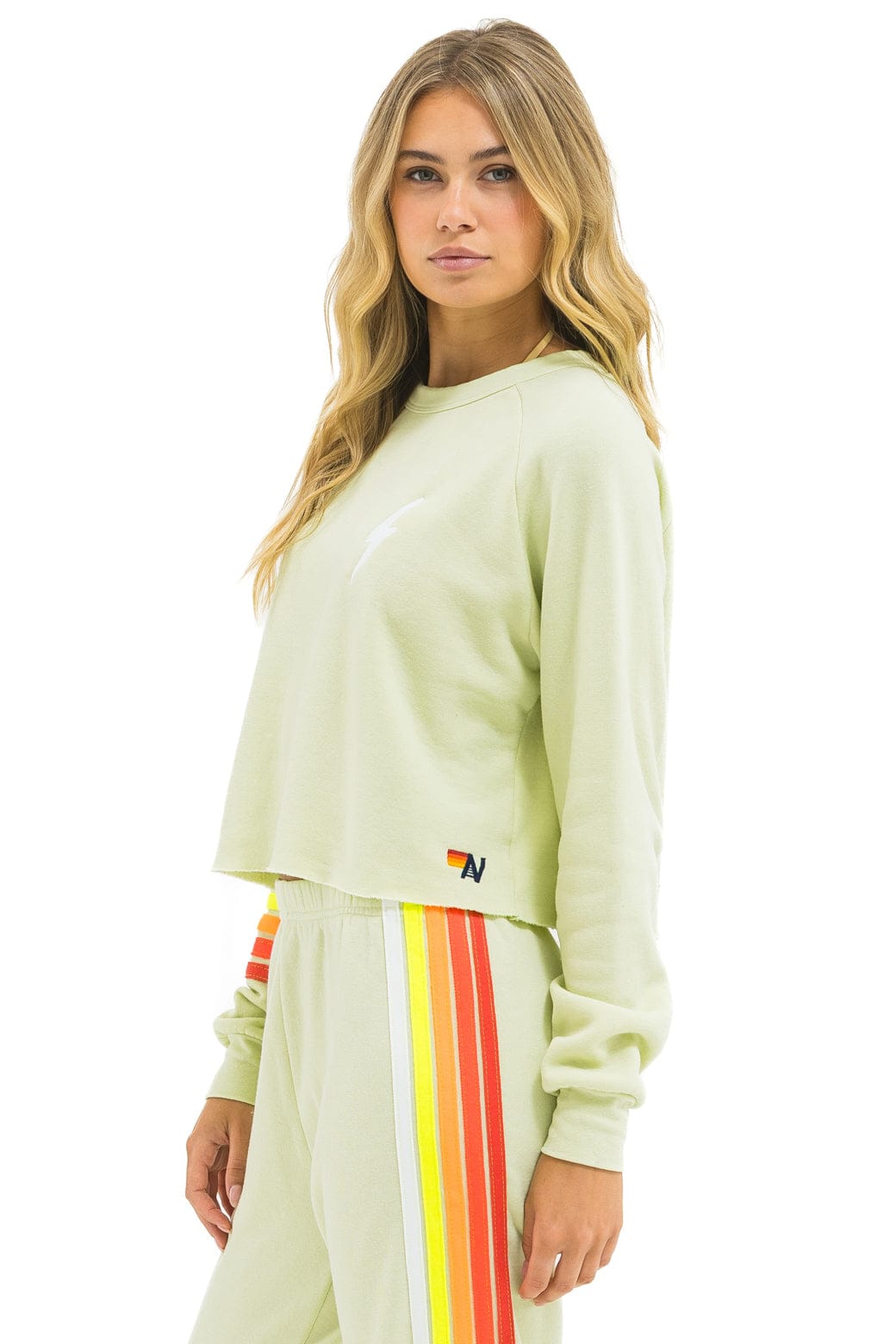 BOLT RUGBY STITCH CROPPED CREW SWEATSHIRT - LIME CREAM // WHITE NEON ...