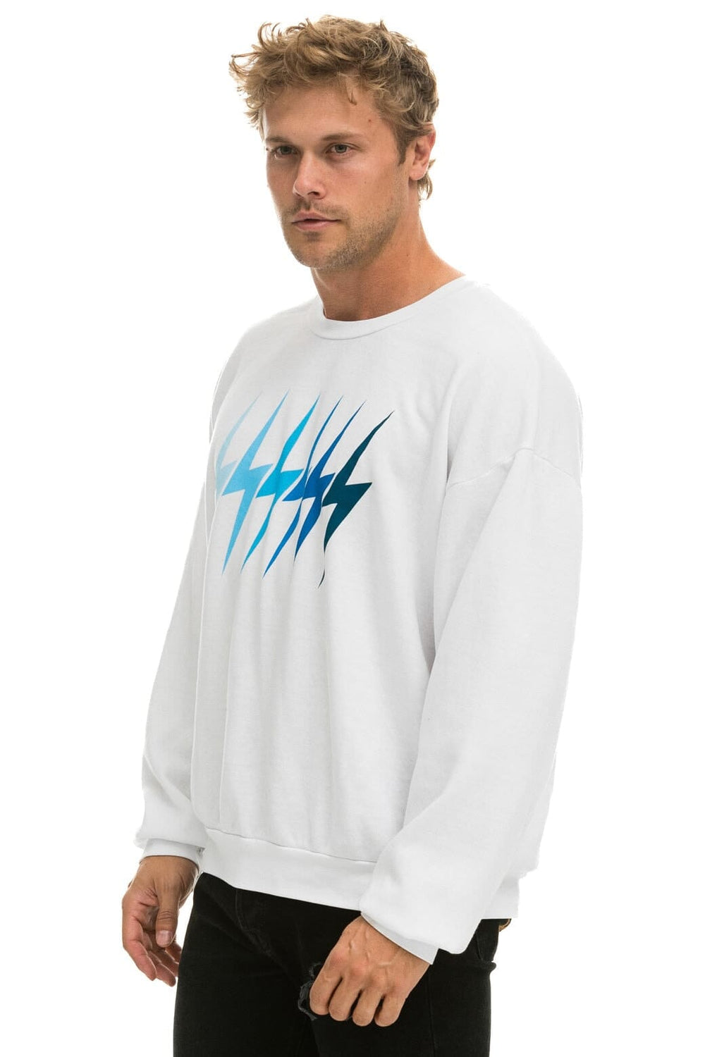 BOLT GRADIENT RELAXED CREW SWEATSHIRT - WHITE // BLUE - Aviator Nation