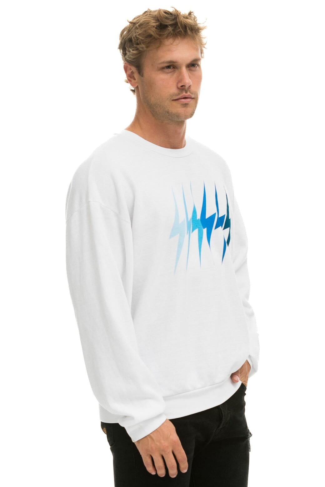 BOLT GRADIENT RELAXED CREW SWEATSHIRT - WHITE // BLUE - Aviator Nation