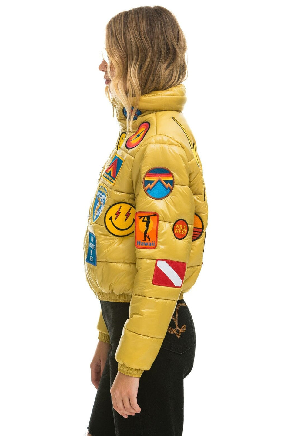 VINTAGE PATCH APRES PUFFER JACKET - HONEY GLOSSY – Aviator Nation