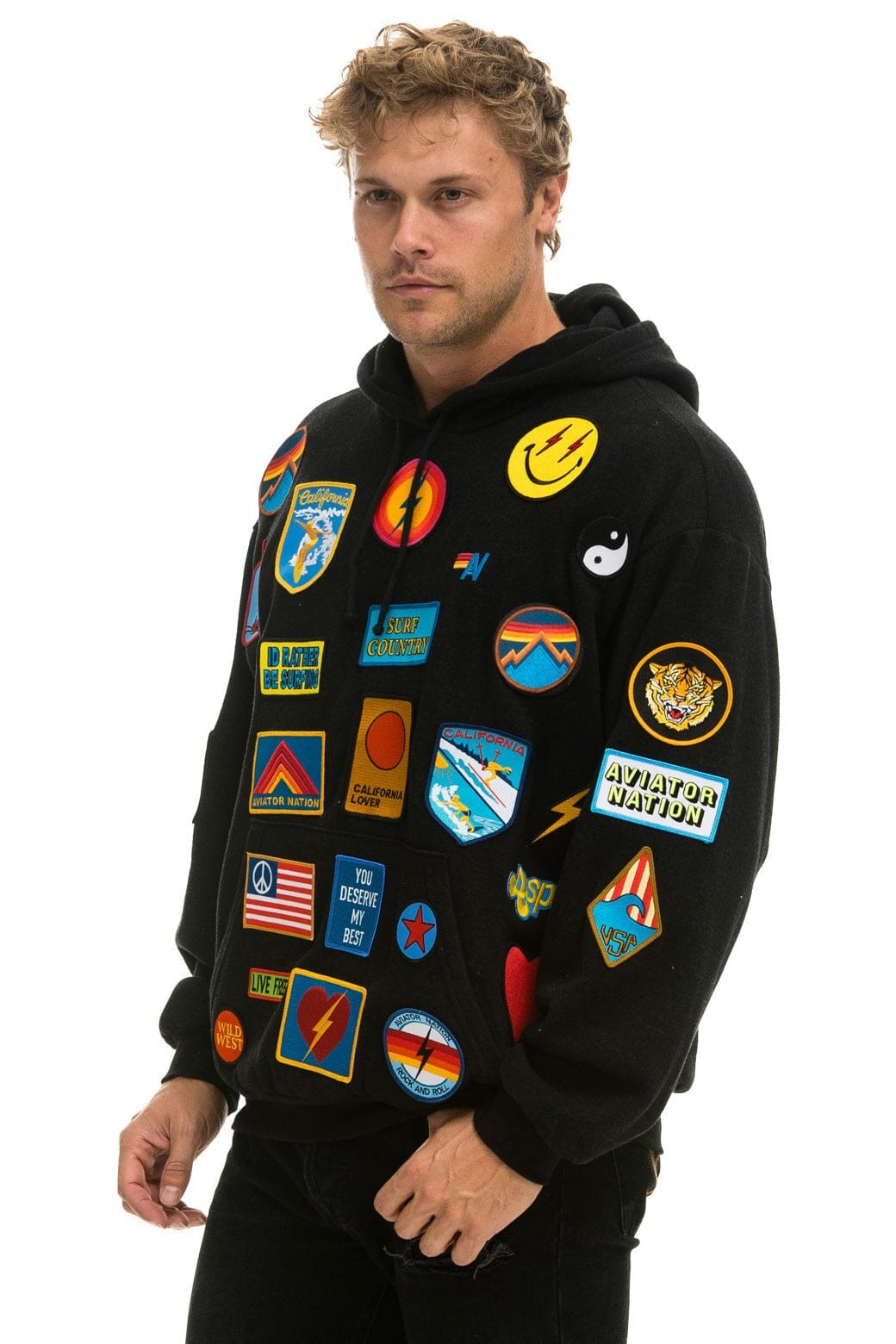 VINTAGE PATCH RELAXED PULLOVER HOODIE- BLACK - Aviator Nation