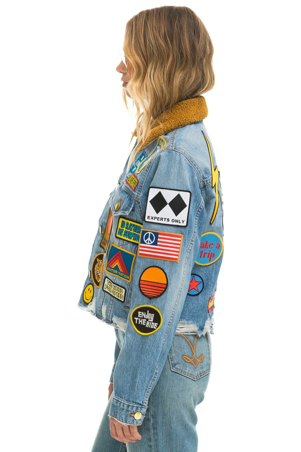 VINTAGE PATCH UNISEX CROP DENIM JACKET - SUPER LIGHT - Aviator Nation