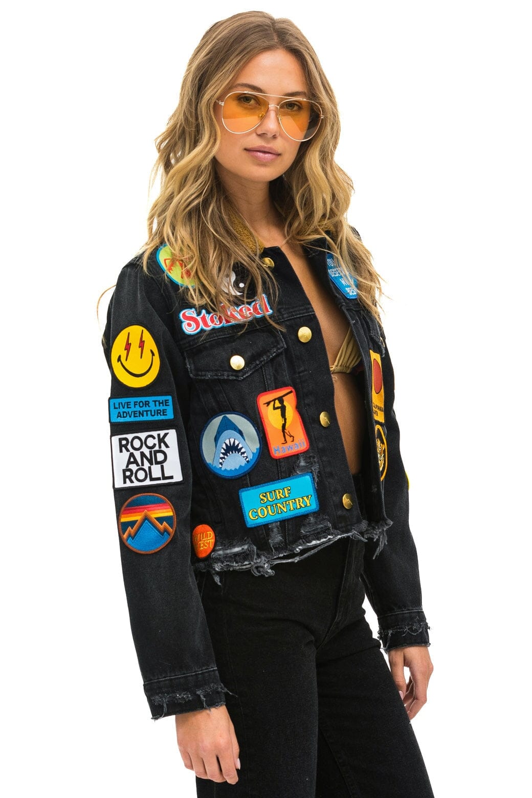 VINTAGE PATCH UNISEX CROP DENIM JACKET - VINTAGE BLACK - Aviator Nation