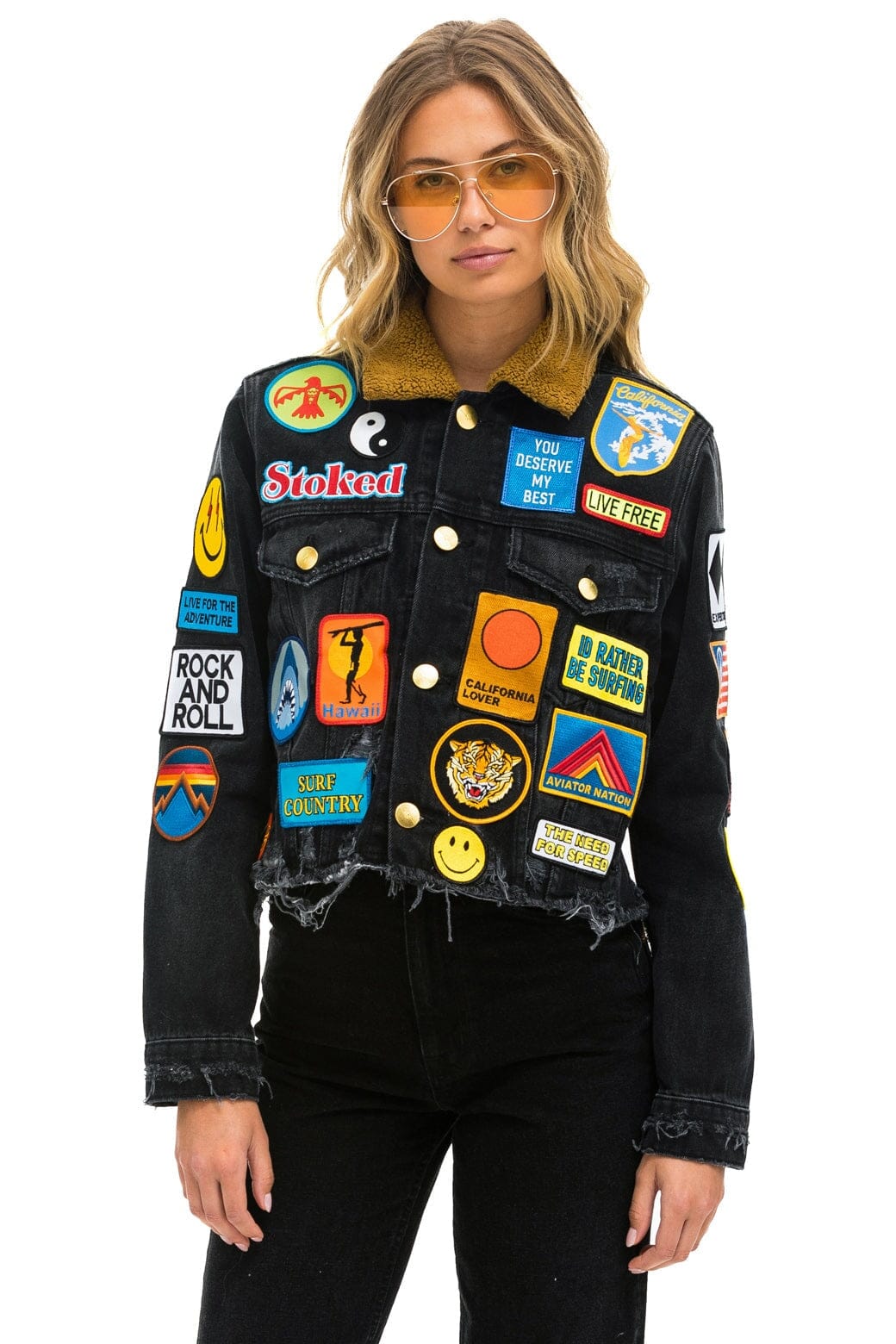 VINTAGE PATCH UNISEX CROP DENIM JACKET - VINTAGE BLACK - Aviator Nation