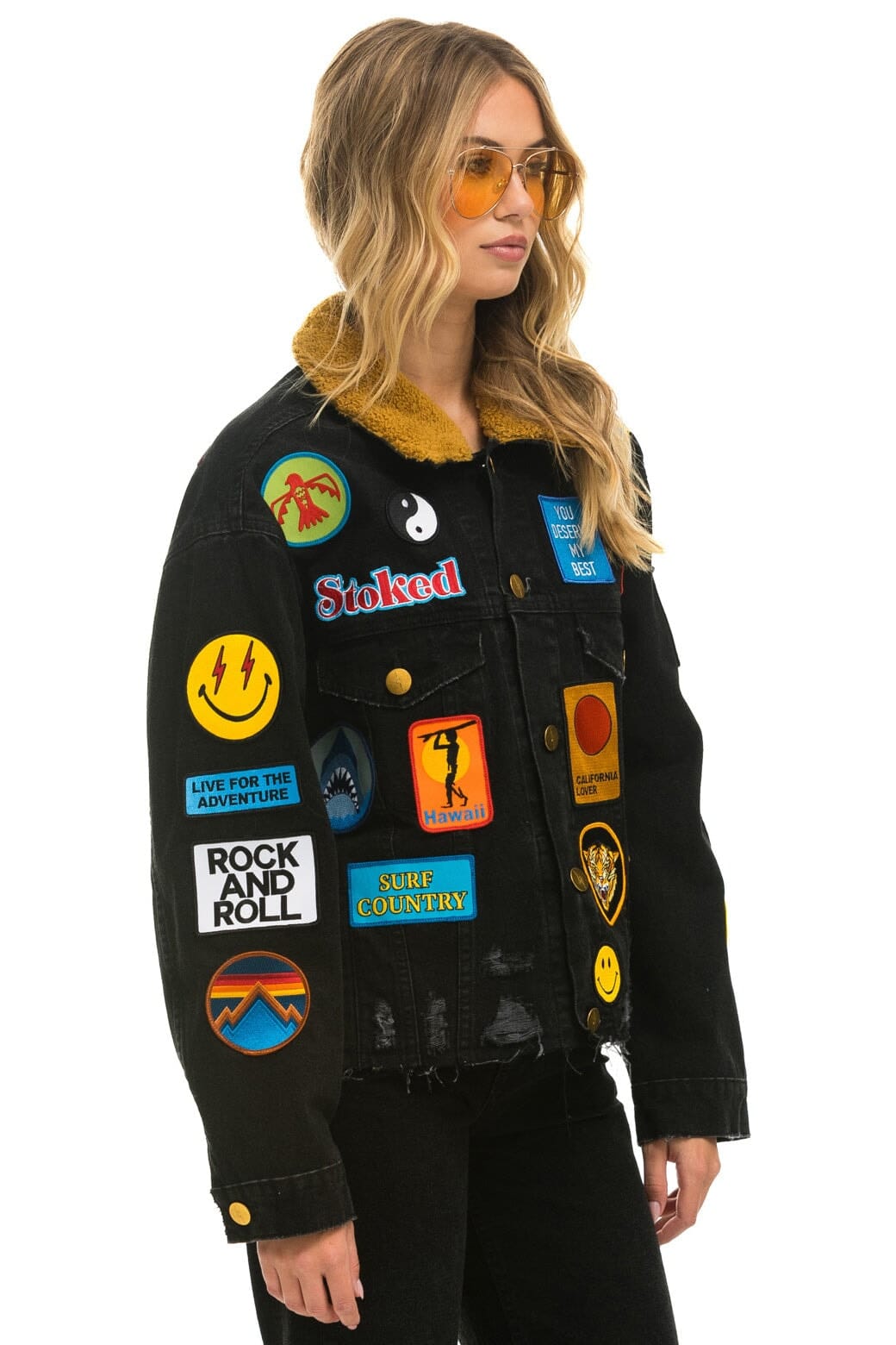 VINTAGE PATCH UNISEX CROP DENIM JACKET - VINTAGE BLACK - Aviator Nation