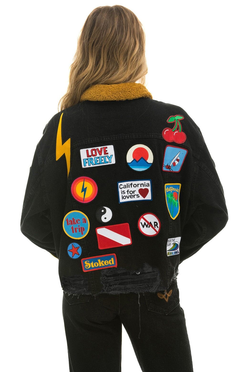VINTAGE PATCH UNISEX CROP DENIM JACKET - VINTAGE BLACK - Aviator Nation