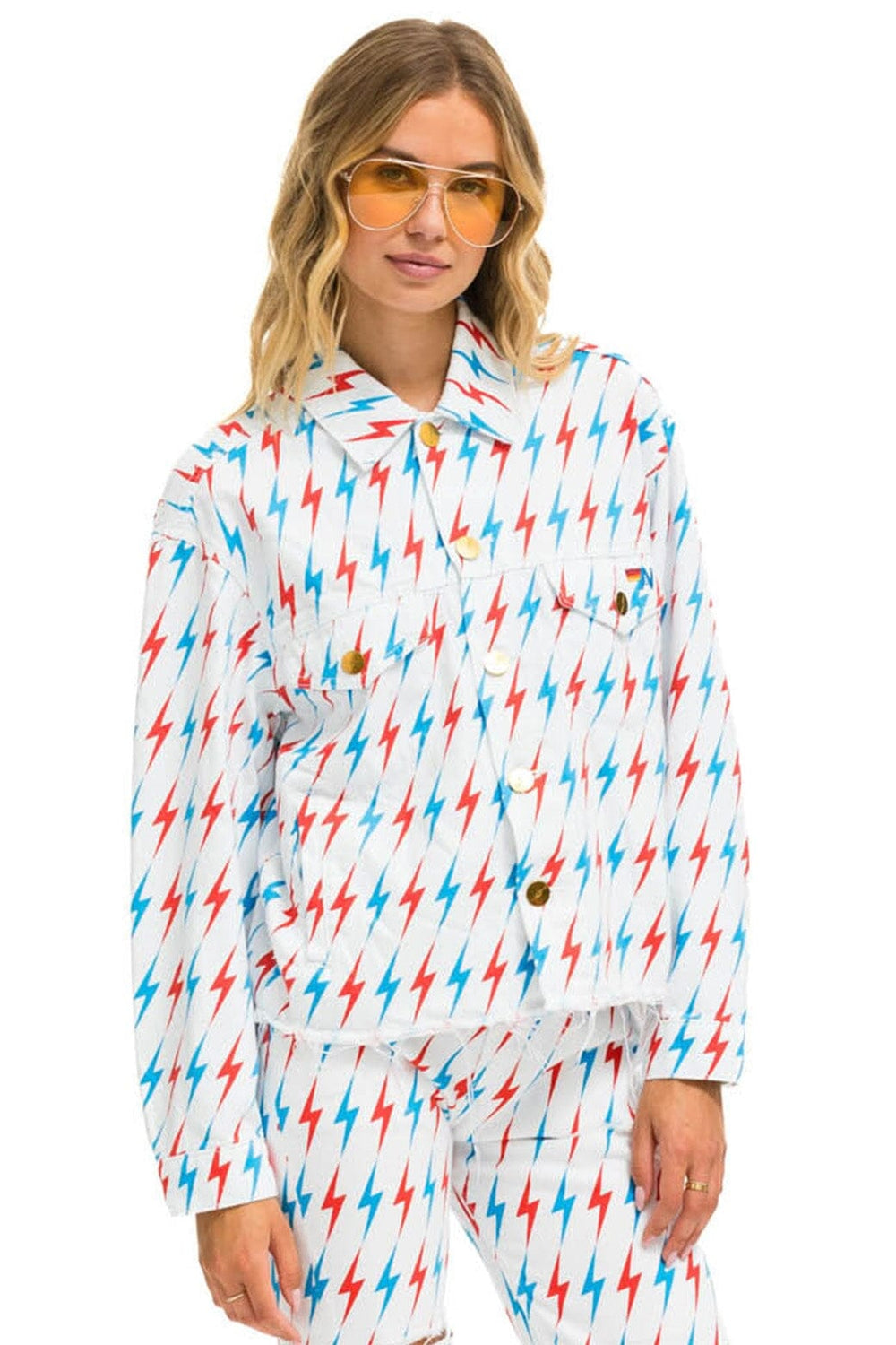 AVIATOR BOLT OVERSIZED CUTOFF DENIM JACKET - WHITE - Aviator Nation