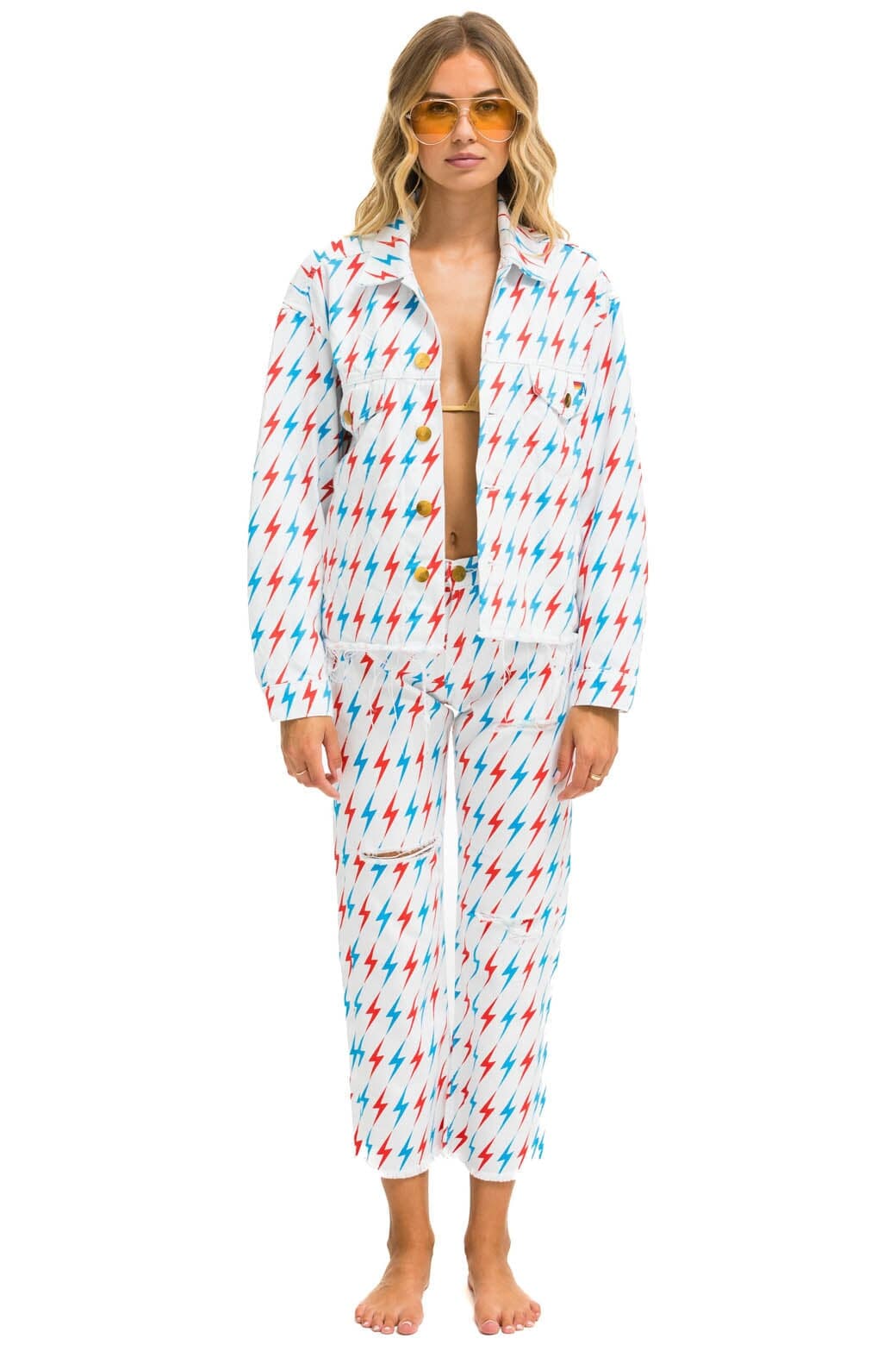 AVIATOR BOLT OVERSIZED CUTOFF DENIM JACKET - WHITE - Aviator Nation