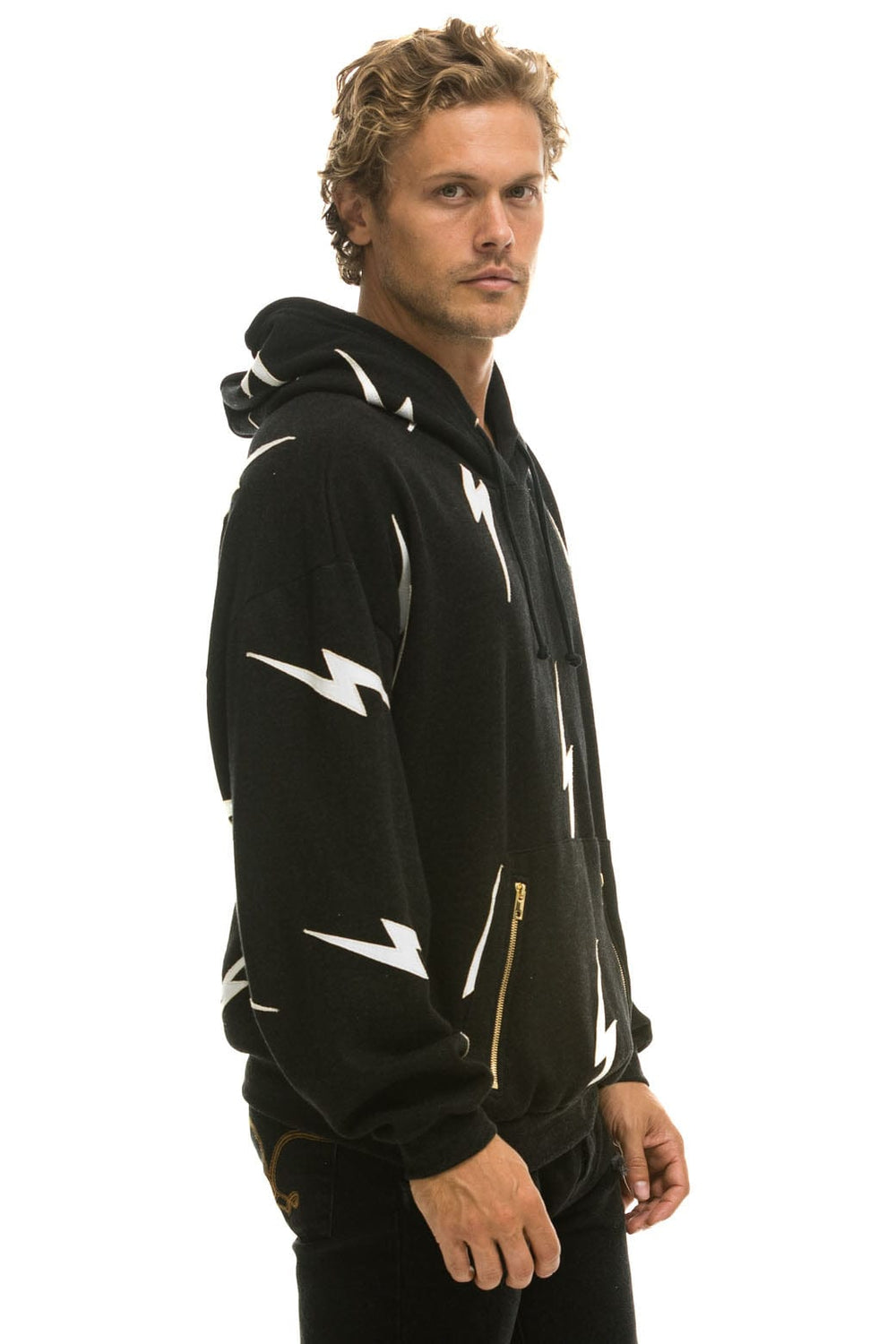 BOLT STITCH REPEAT RELAXED PULLOVER HOODIE WITH POCKET ZIPPERS - BLACK ...
