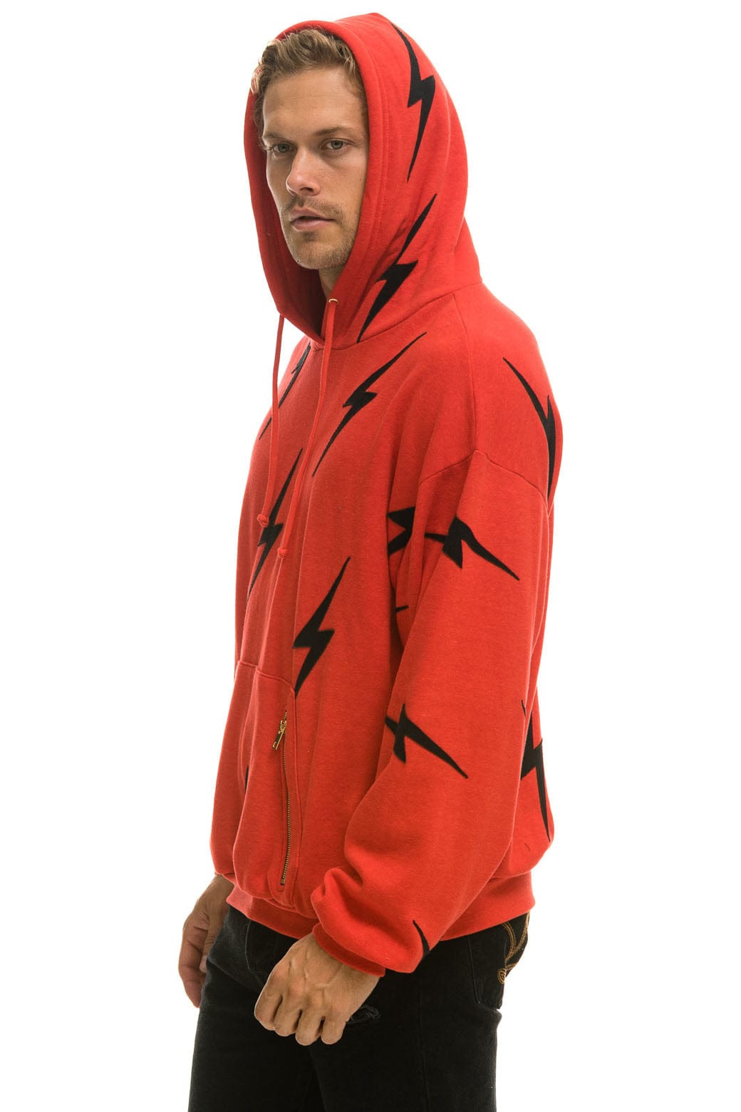BOLT STITCH REPEAT RELAXED PULLOVER HOODIE WITH POCKET ZIPPERS - RED ...