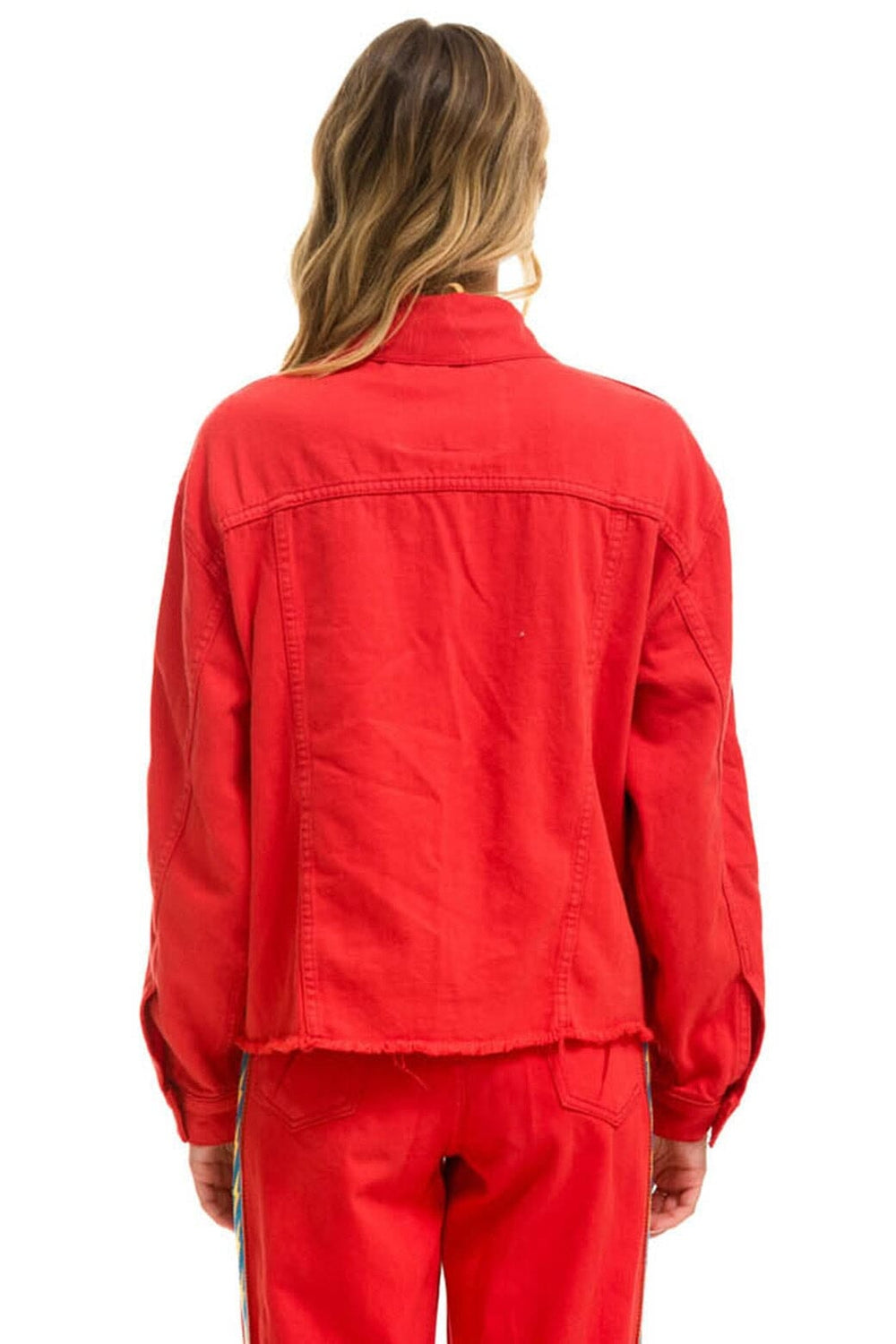 BOLT STRIPE OVERSIZED CUTOFF DENIM JACKET - RED - Aviator Nation