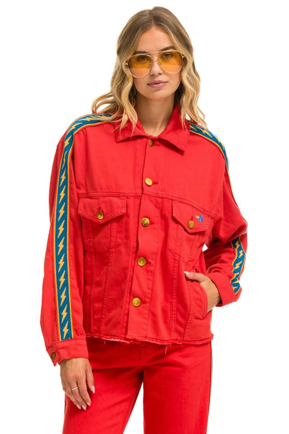BOLT STRIPE OVERSIZED CUTOFF DENIM JACKET - RED - Aviator Nation