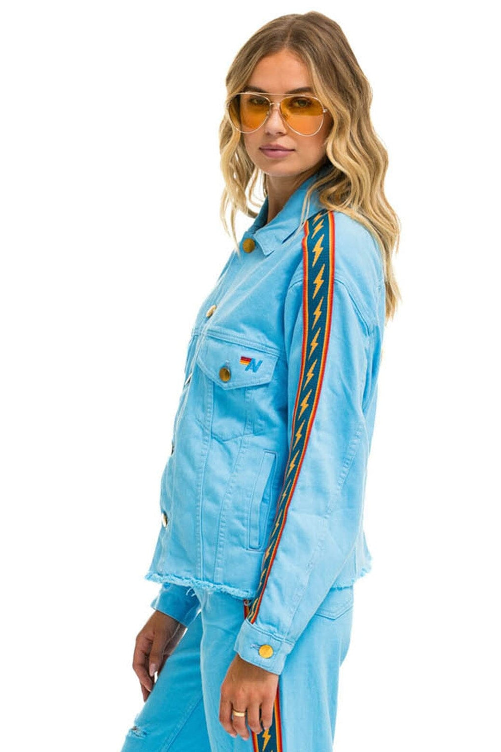 BOLT STRIPE OVERSIZED CUTOFF DENIM JACKET - SKY - Aviator Nation