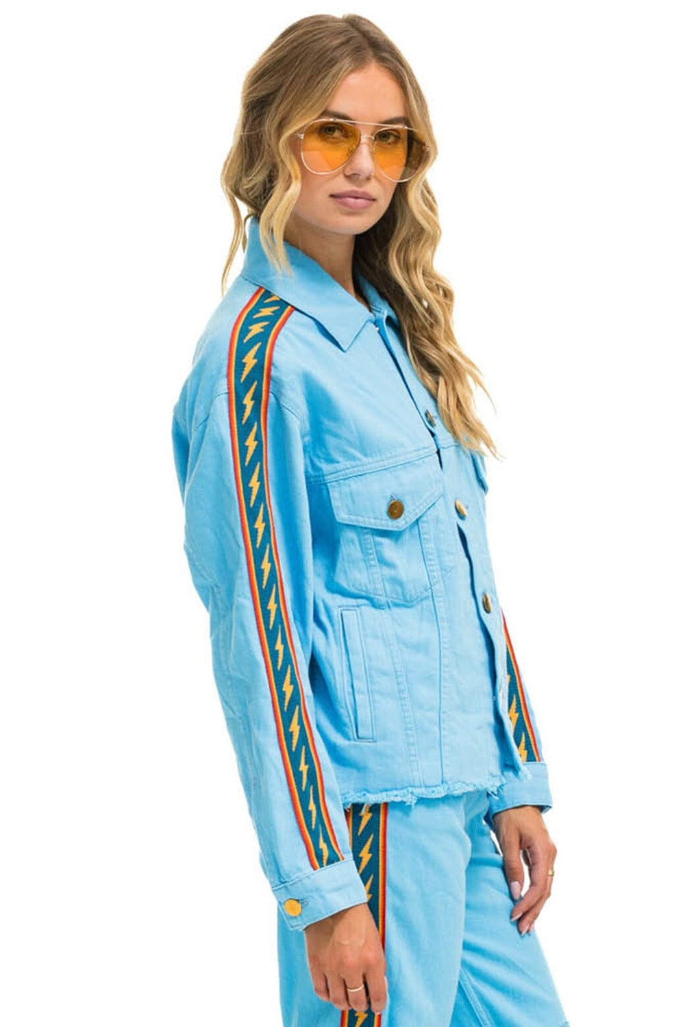 BOLT STRIPE OVERSIZED CUTOFF DENIM JACKET - SKY - Aviator Nation