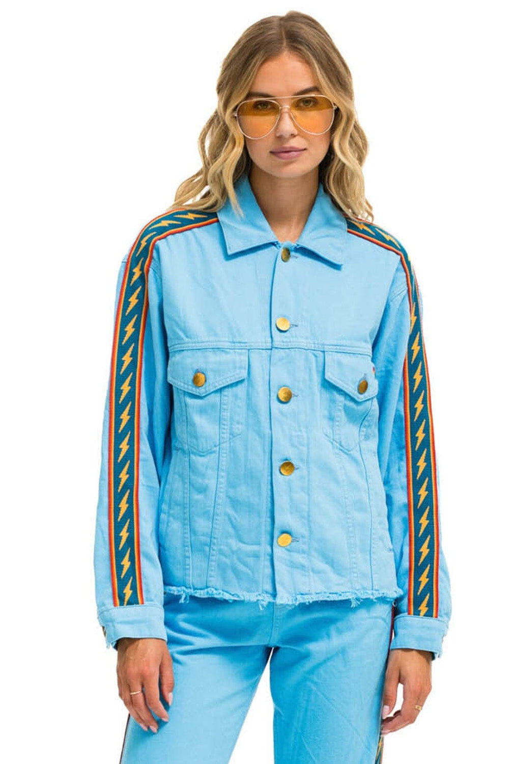 BOLT STRIPE OVERSIZED CUTOFF DENIM JACKET - SKY - Aviator Nation