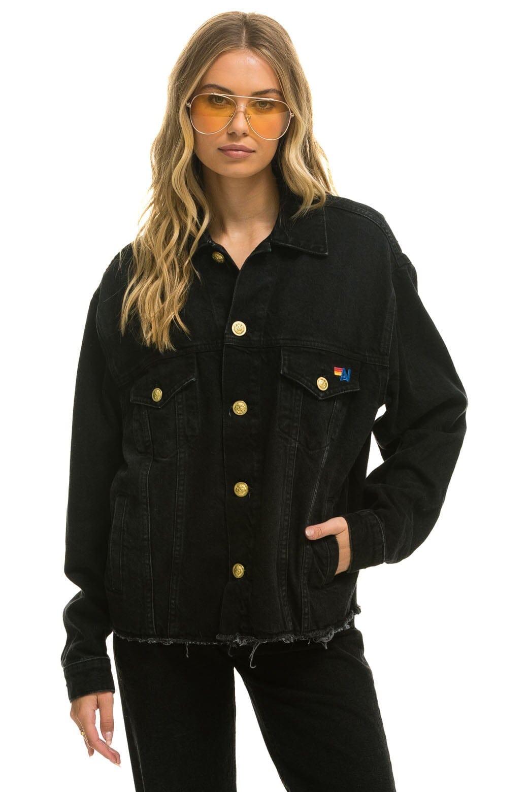 RAINBOW BOLT OVERSIZED CROP DENIM JACKET - VINTAGE BLACK - Aviator Nation