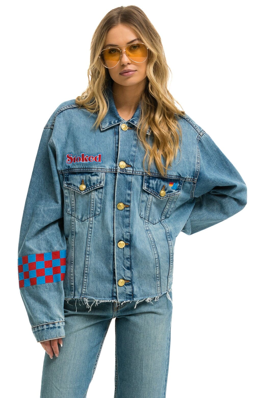 STOKED BOLT SMILEY OVERSIZED CUTOFF DENIM JACKET - VINTAGE - Aviator Nation