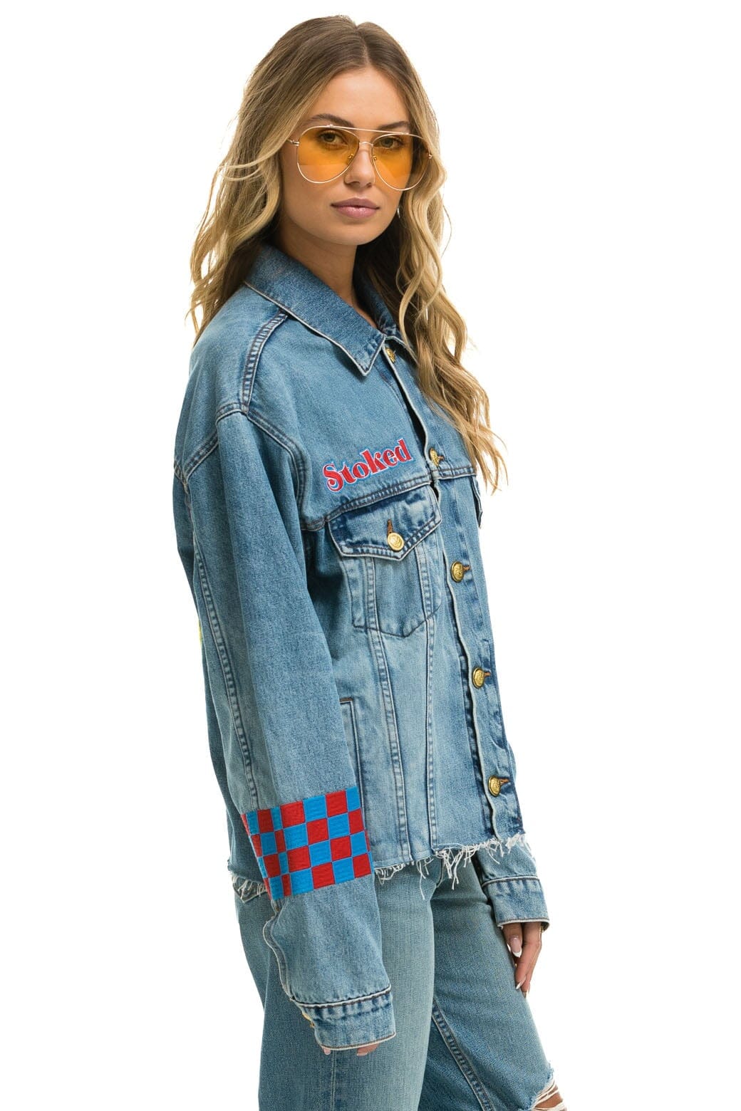 STOKED BOLT SMILEY OVERSIZED CUTOFF DENIM JACKET - VINTAGE - Aviator Nation
