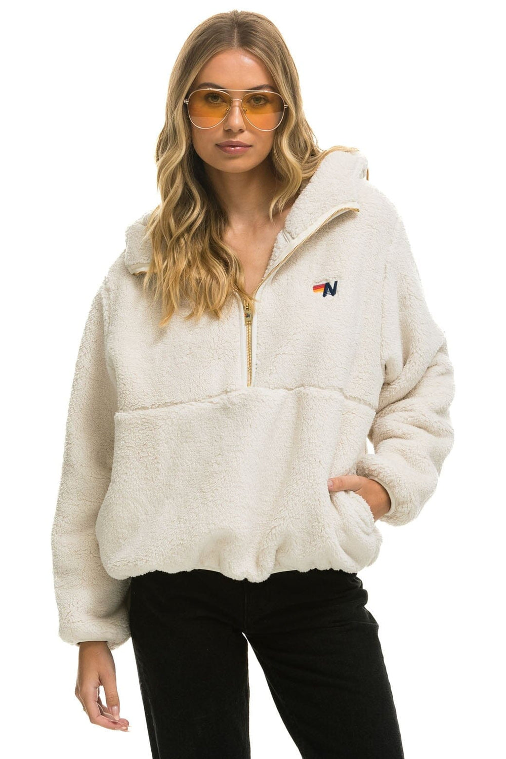 TEDDY APRES HOODED HALF ZIP JACKET - VINTAGE WHITE - Aviator Nation