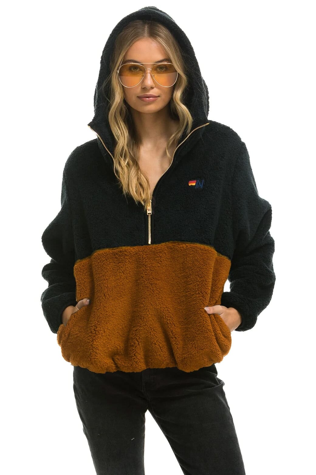 TEDDY UNISEX HOODED HALF ZIP COLOR BLOCK JACKET - BLACK - Aviator Nation