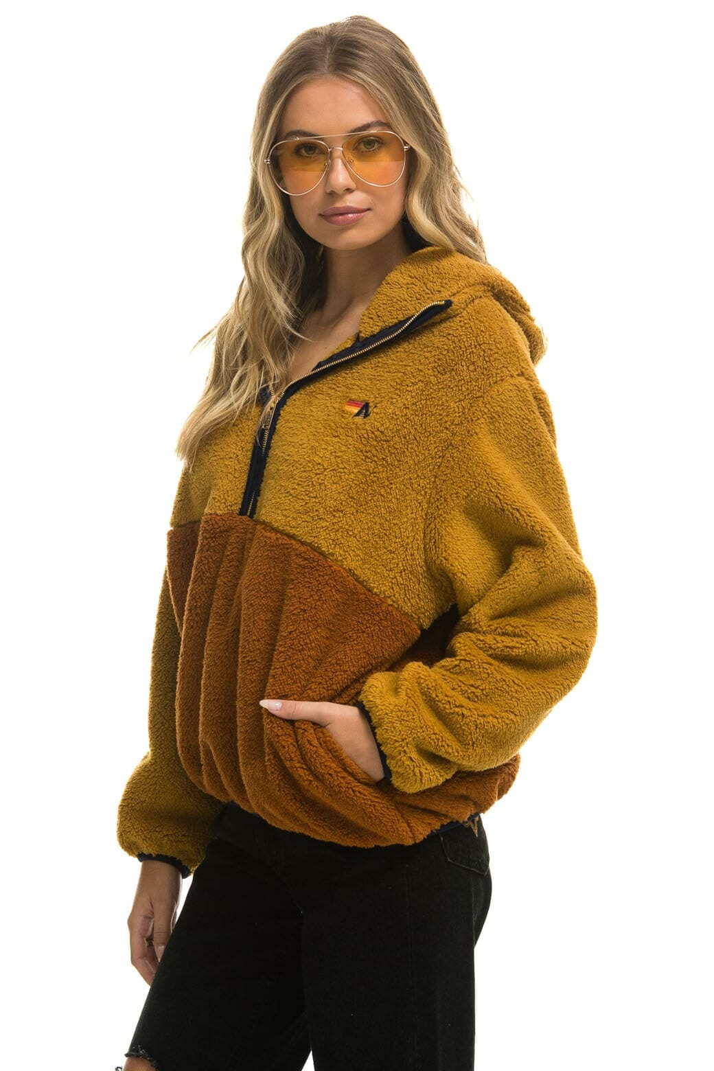 TEDDY UNISEX HOODED HALF ZIP COLOR BLOCK JACKET - HONEY - Aviator Nation