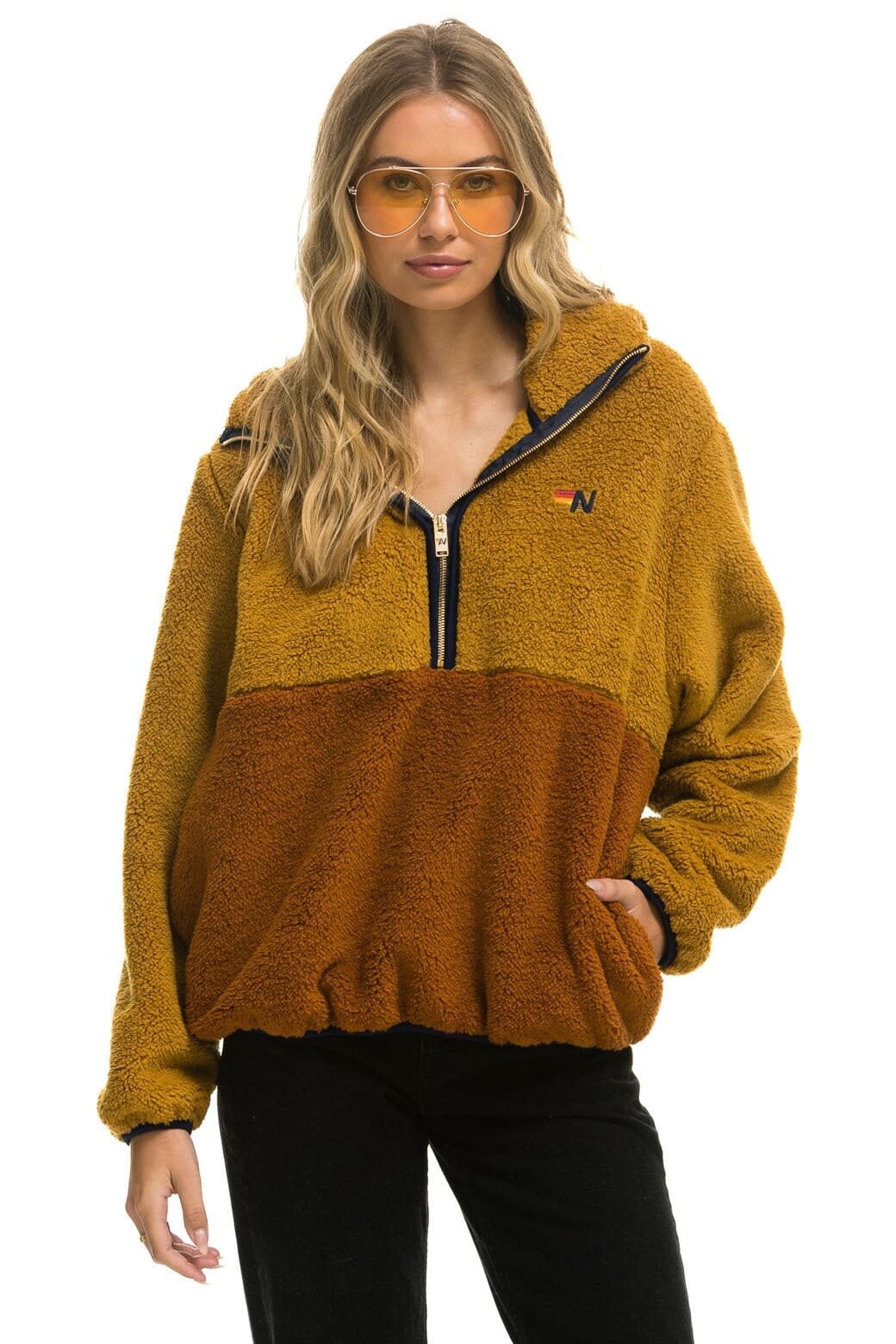 TEDDY UNISEX HOODED HALF ZIP COLOR BLOCK JACKET - HONEY - Aviator Nation