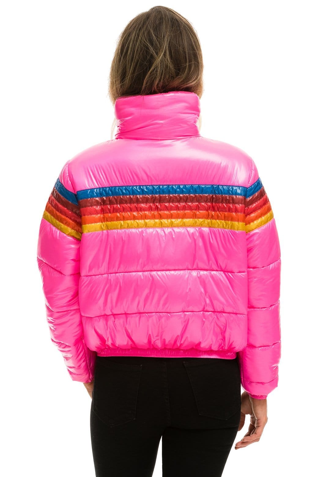 5 STRIPE LUXE APRES PUFFER JACKET - GLOSSY NEON PINK - Aviator Nation