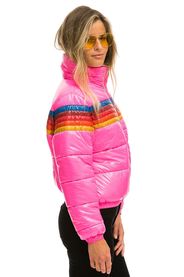 5 STRIPE LUXE APRES PUFFER JACKET - GLOSSY NEON PINK - Aviator Nation