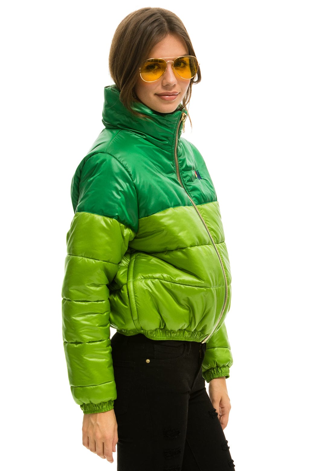 COLOR BLOCK HALF AND HALF APRES PUFFER JACKET - AMAZON GLOSSY - Aviator ...