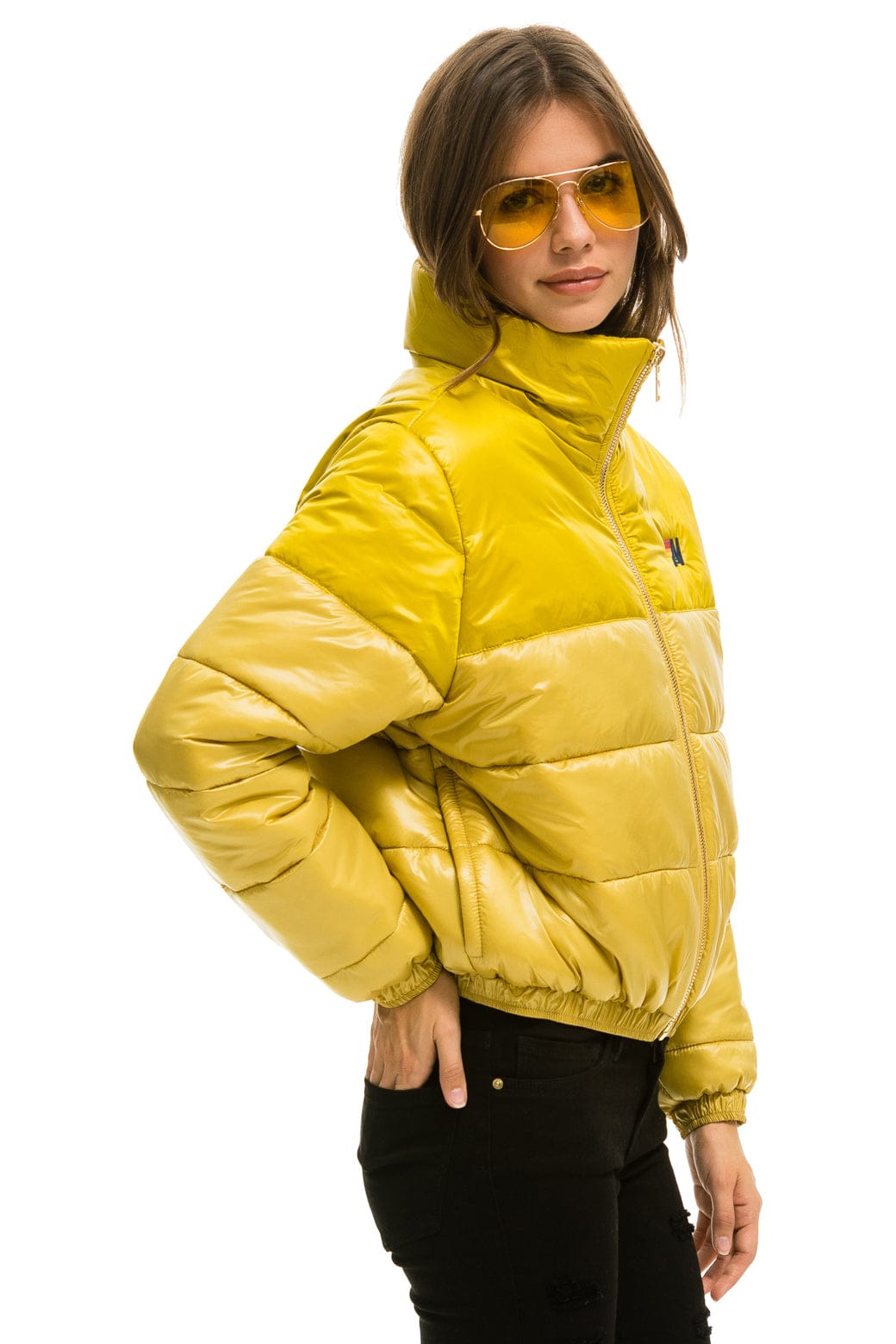 COLOR BLOCK HALF AND HALF APRES PUFFER JACKET - HONEY GLOSSY - Aviator ...