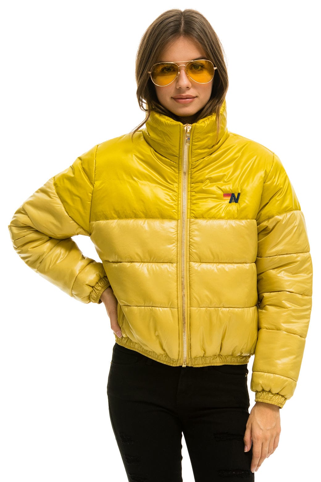 COLOR BLOCK HALF AND HALF APRES PUFFER JACKET - HONEY GLOSSY - Aviator ...