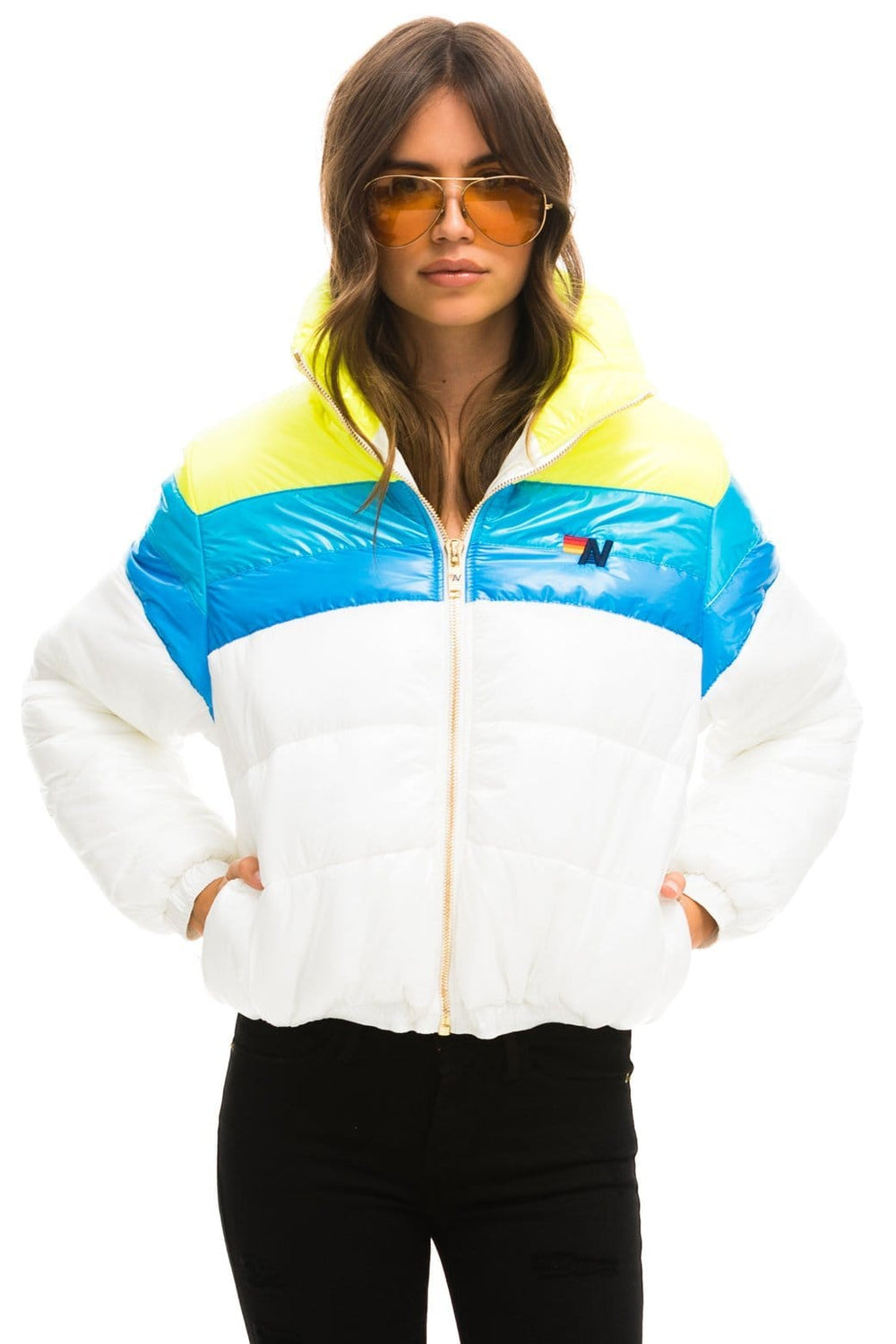COLOR BLOCK LUXE APRES PUFFER JACKET - GLOSSY WHITE - Aviator Nation