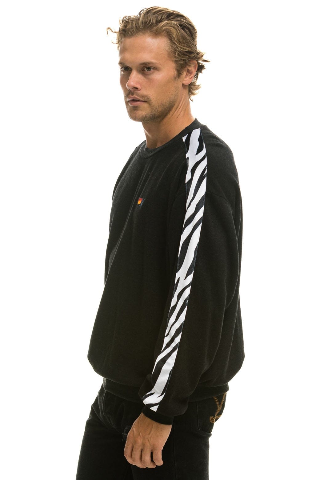 ZEBRA STRIPE RELAXED FIT CREW SWEATSHIRT - BLACK // ZEBRA - Aviator Nation