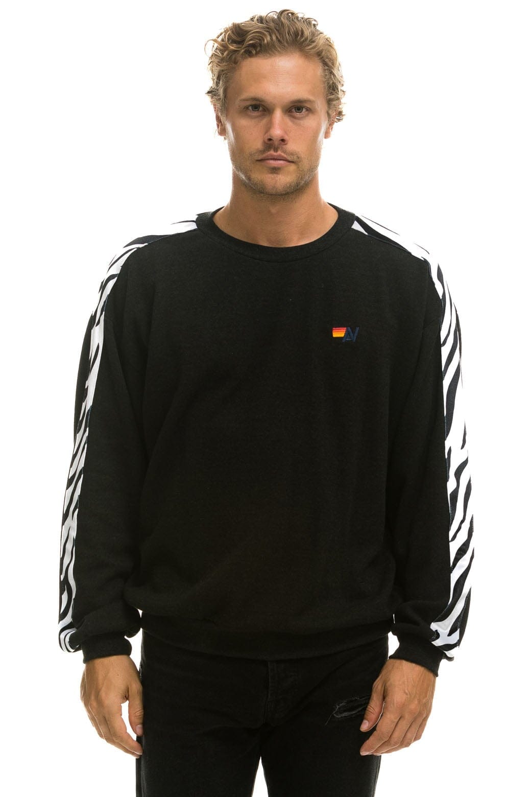 ZEBRA STRIPE RELAXED FIT CREW SWEATSHIRT - BLACK // ZEBRA - Aviator Nation